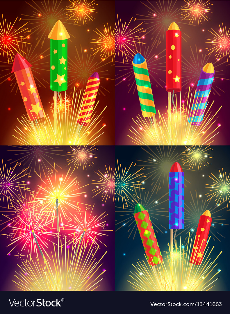 Colourful exploding rockets on bright background Vector Image