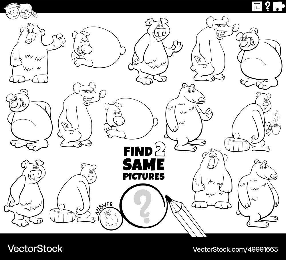 Find two same cartoon bears game coloring page Vector Image