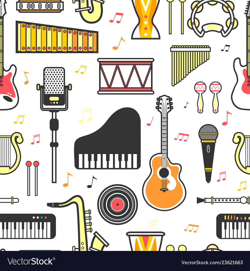 Musical instruments flat icons seamless pattern Vector Image