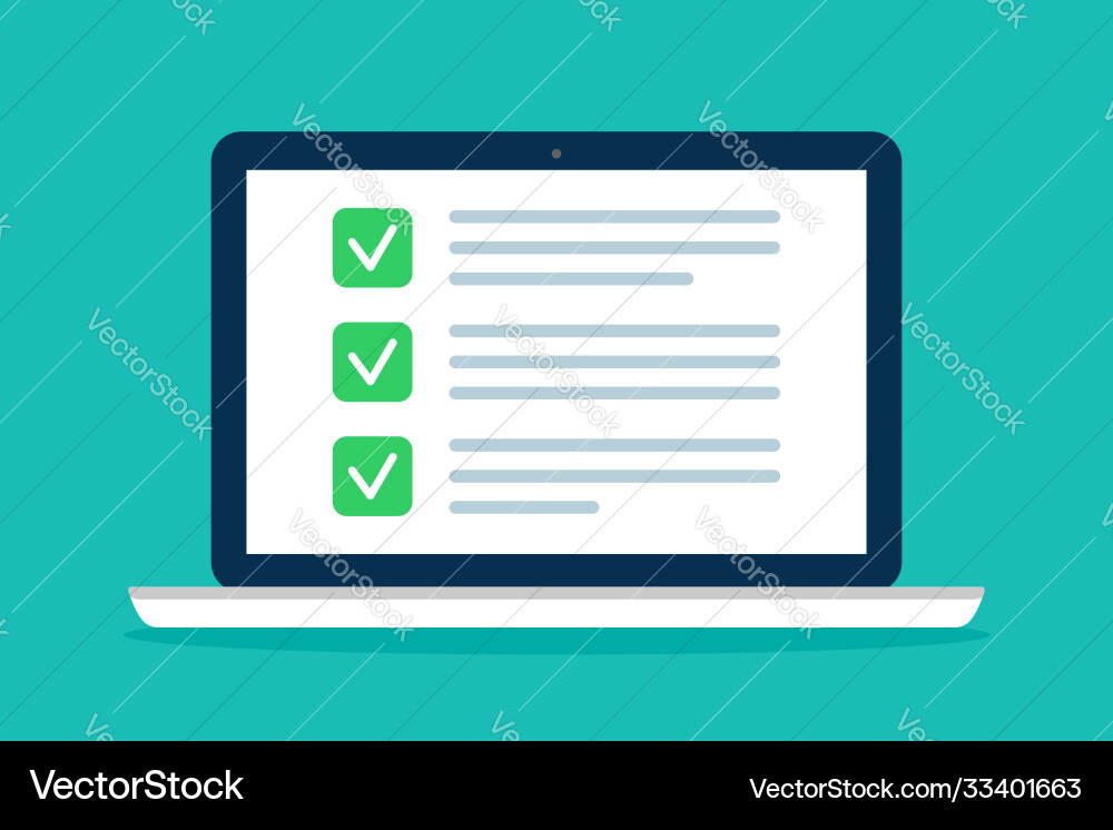 Online survey in laptop checklist exam Royalty Free Vector