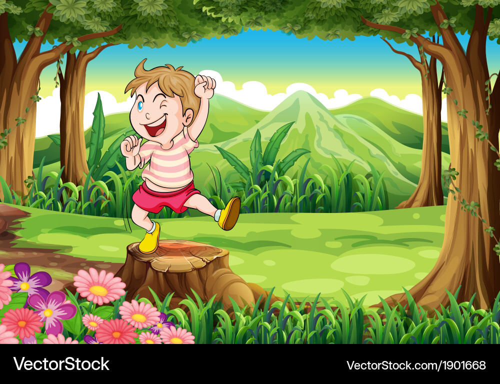 A playful young boy at the forest standing above Vector Image