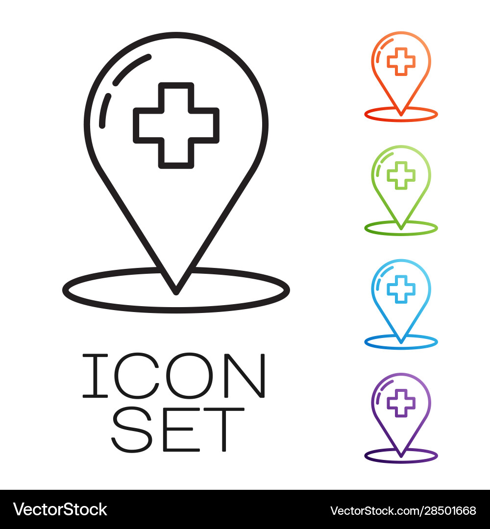 Black line medical map pointer with cross hospital