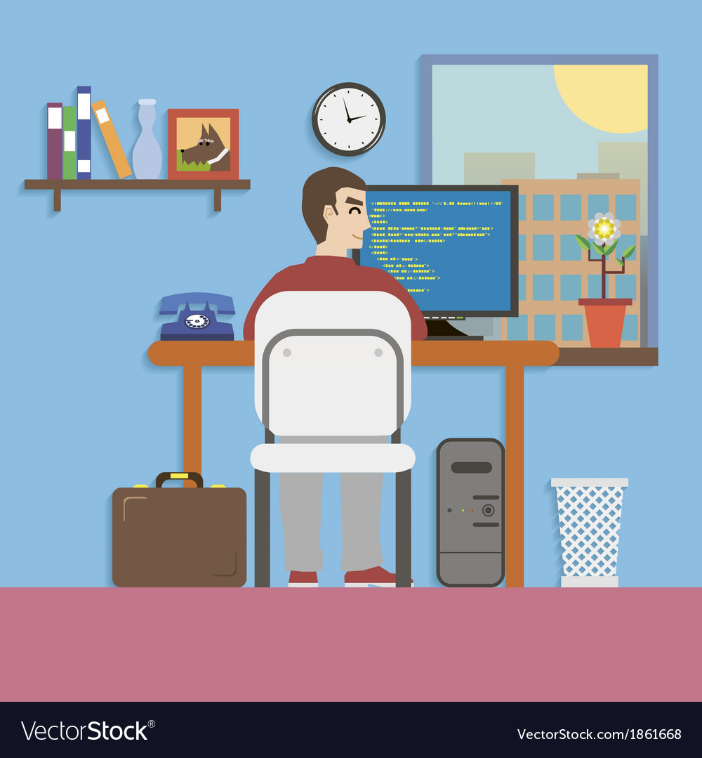 Workplace room with programmer and website code Vector Image