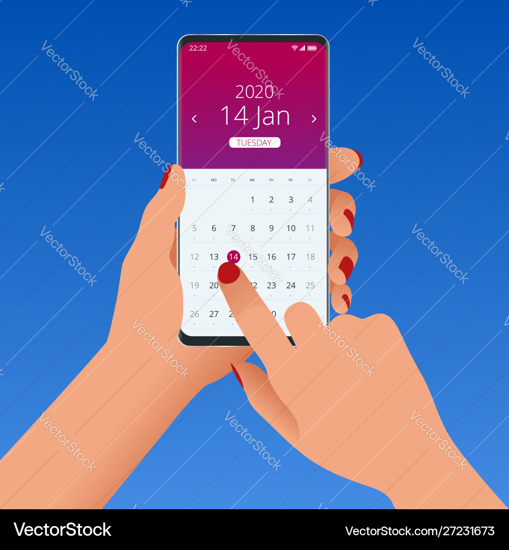 Flat female hand with a smartphone calendar Vector Image
