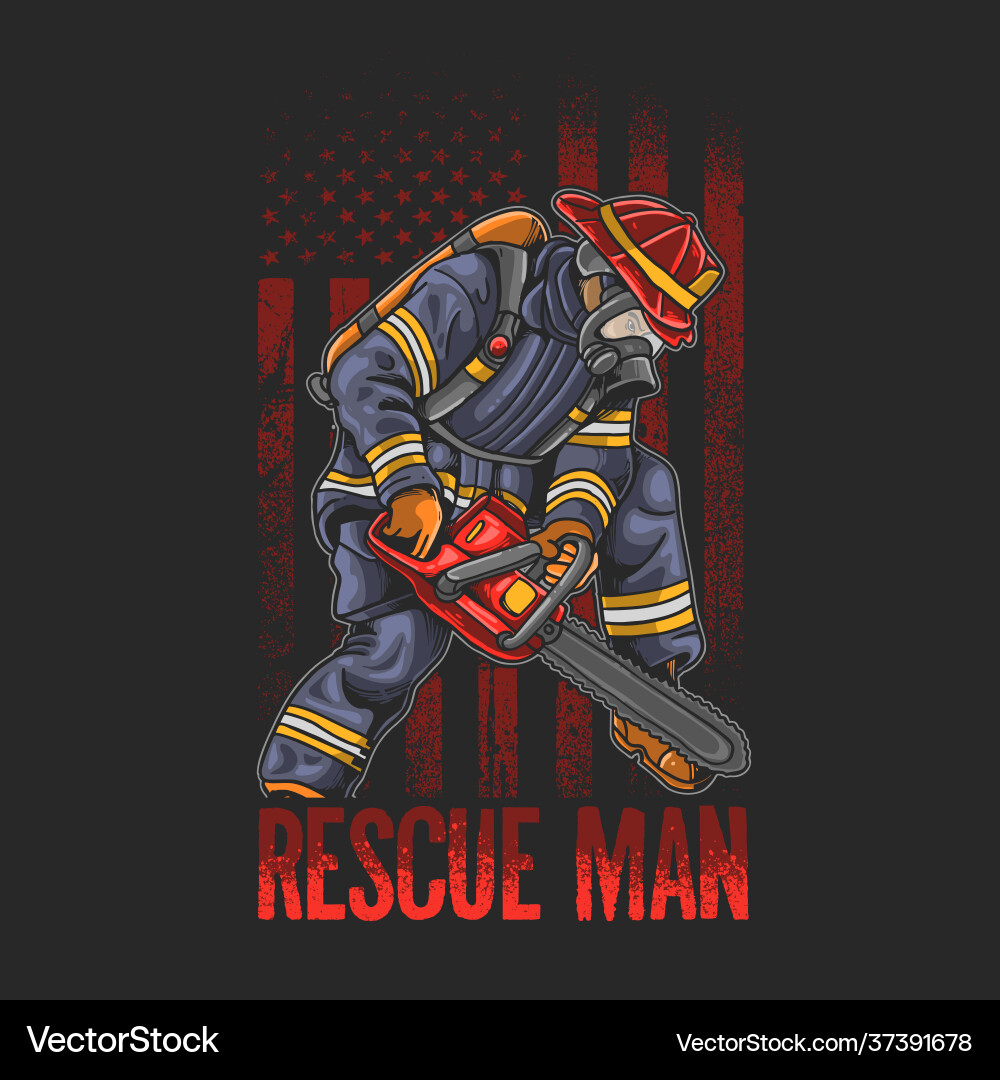 Cool fire fighting rescue man use chain saw illust