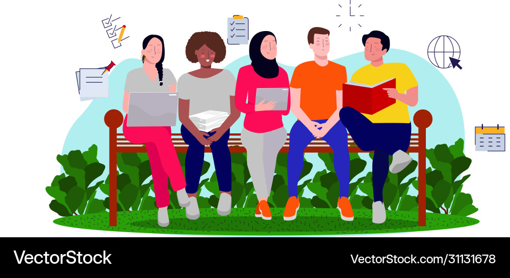 Friends from various ethnic sit and talk in Vector Image