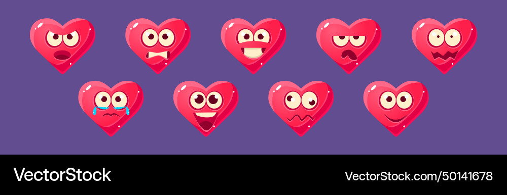 Funny heart character with face emotion set Vector Image