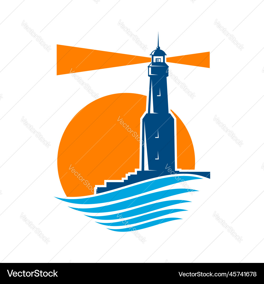 Lighthouse tower beacon in sea waves round icon Vector Image