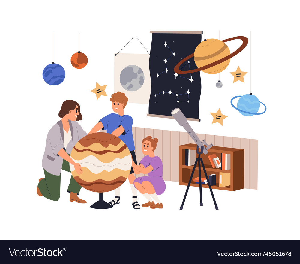 Teacher and kids in astronomy classroom class Vector Image