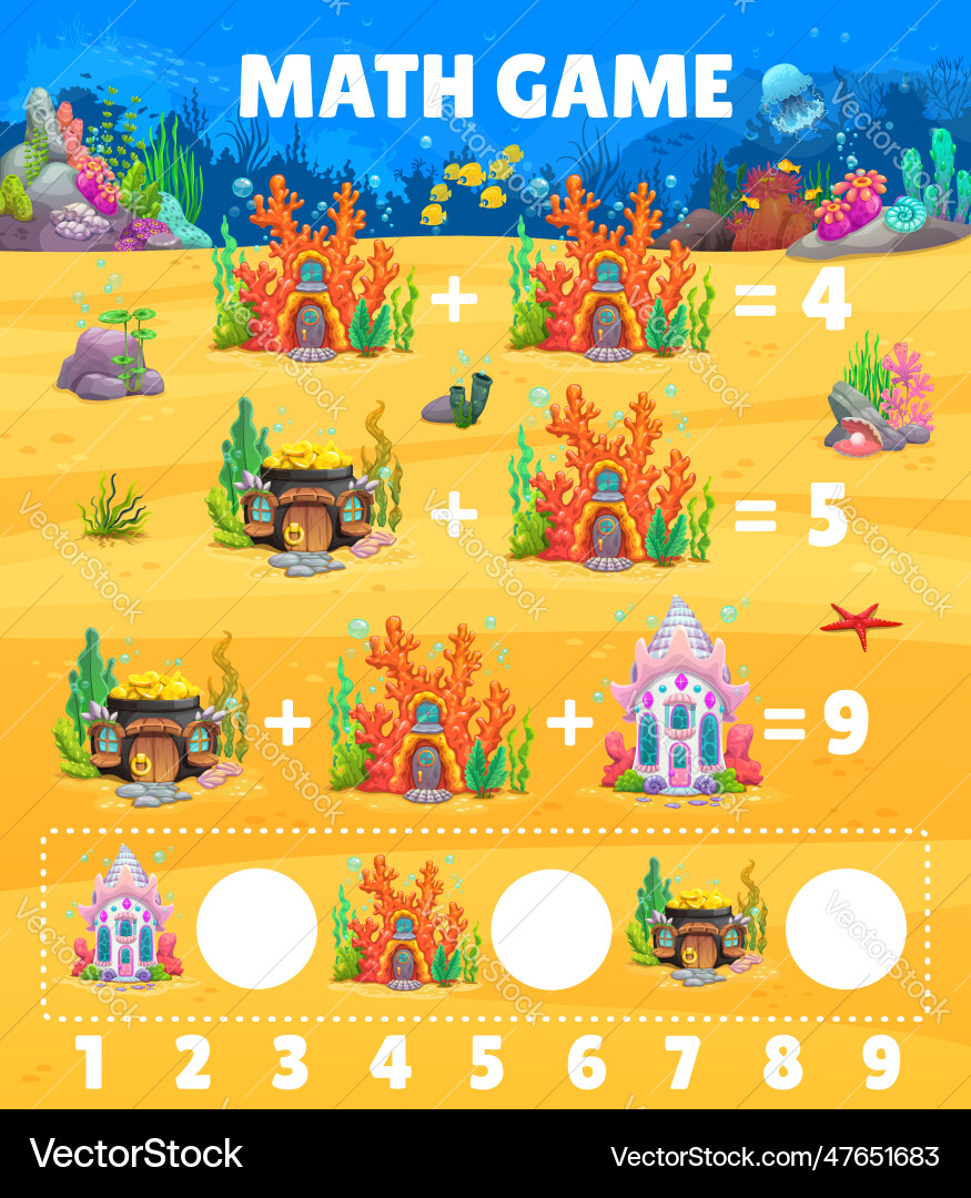 Math game with fairytale underwater houses Vector Image
