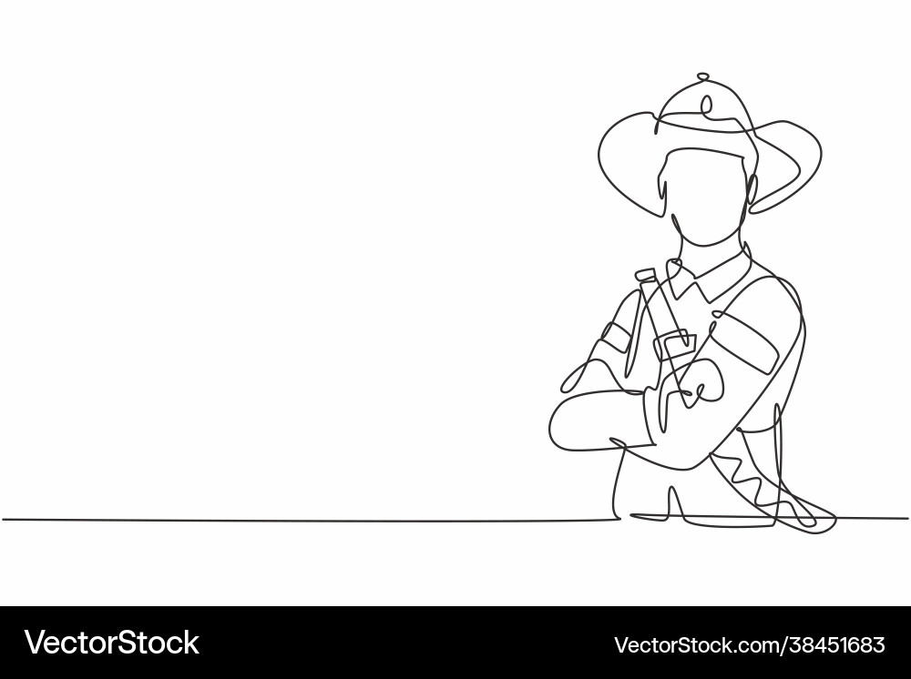 Single one line drawing young male firefighter Vector Image