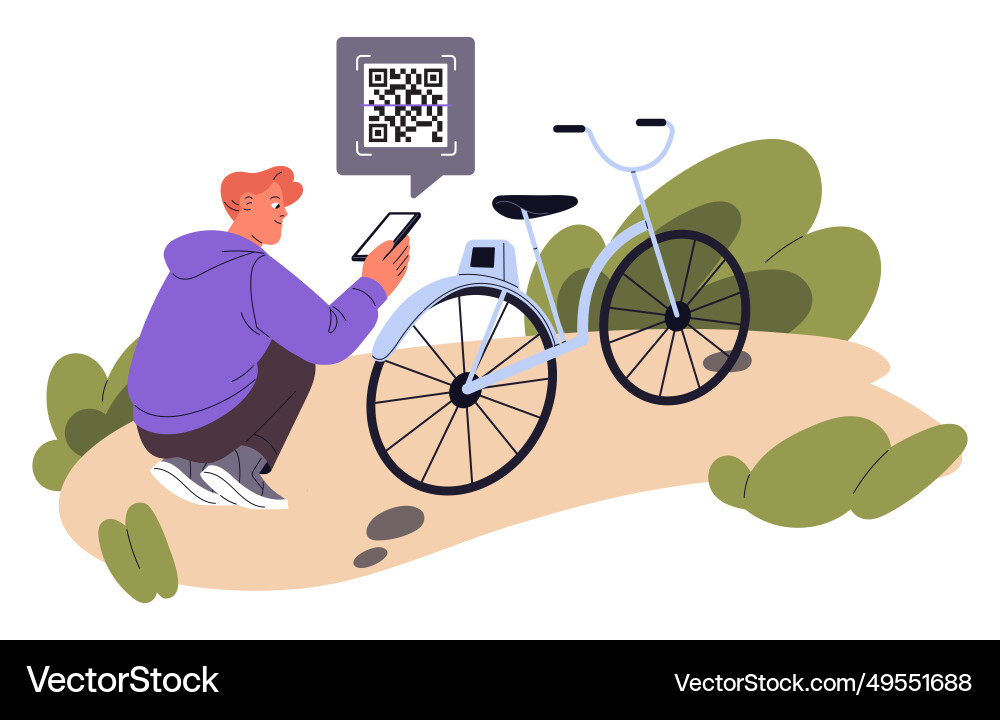 Cycling on rental bicycle young man scan qr code Vector Image