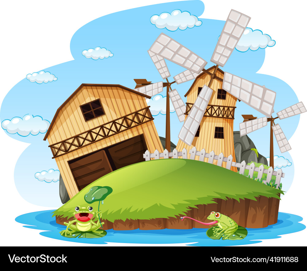Farm scene with windmill and barn Royalty Free Vector Image