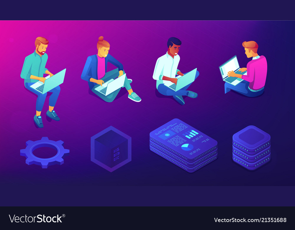 Isometric people with laptops and technology Vector Image