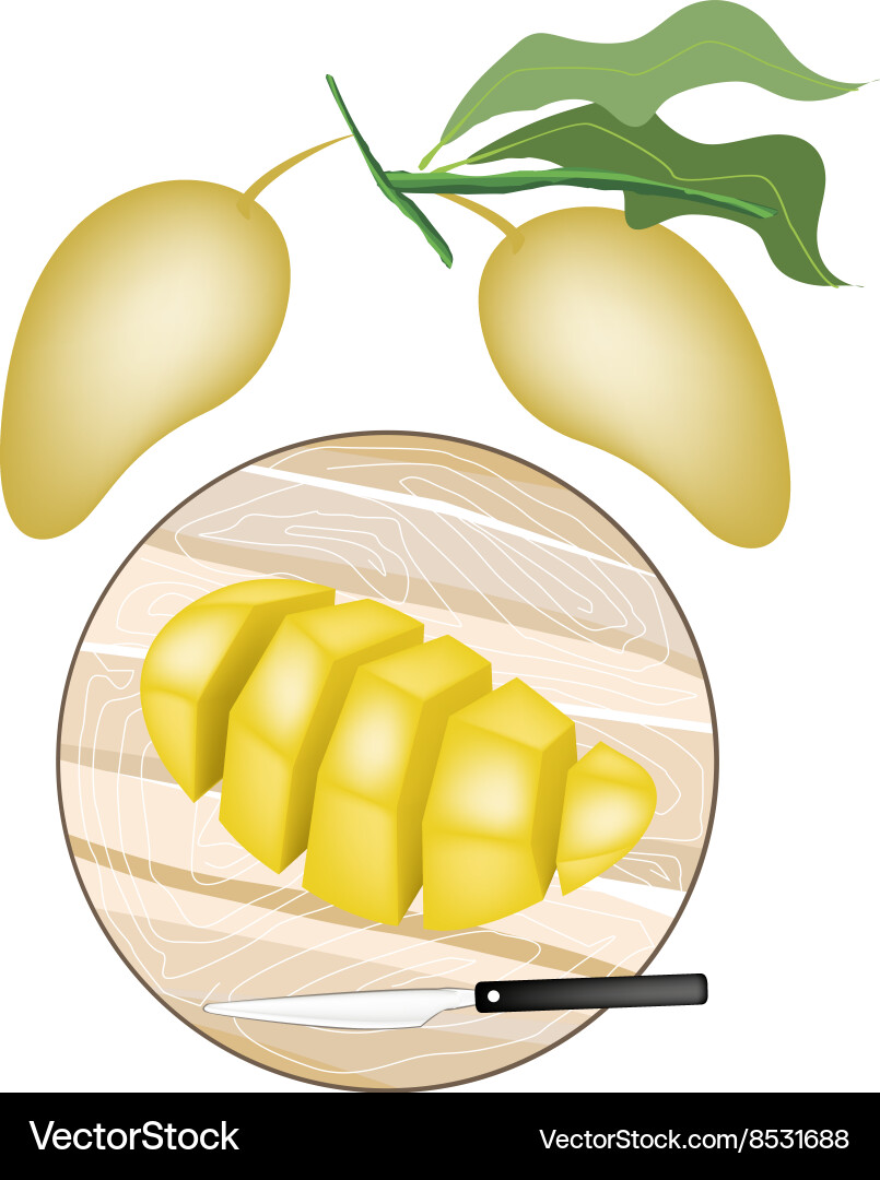 Ripe mango fruits on a cutting board Royalty Free Vector