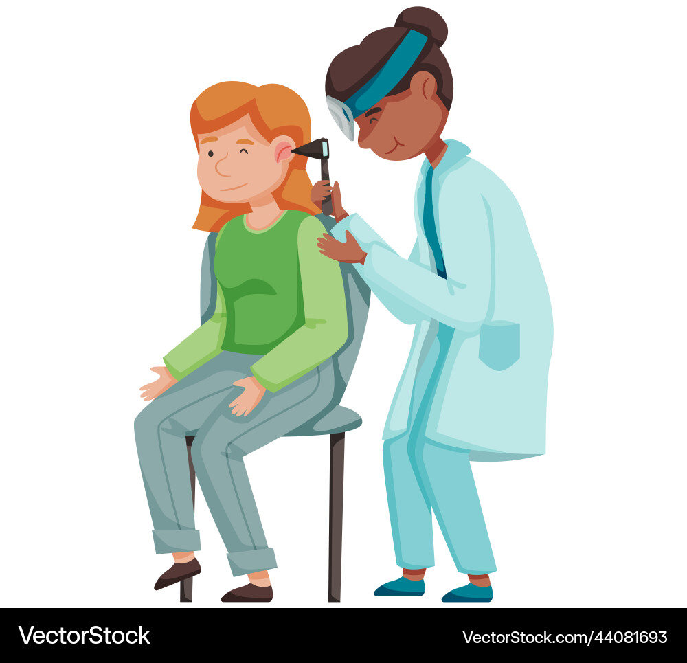 Doctor with forehead reflector examines patient Vector Image