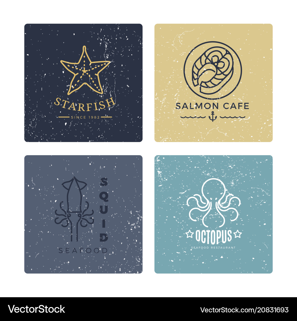 Grunge seafood labels line style collection Vector Image