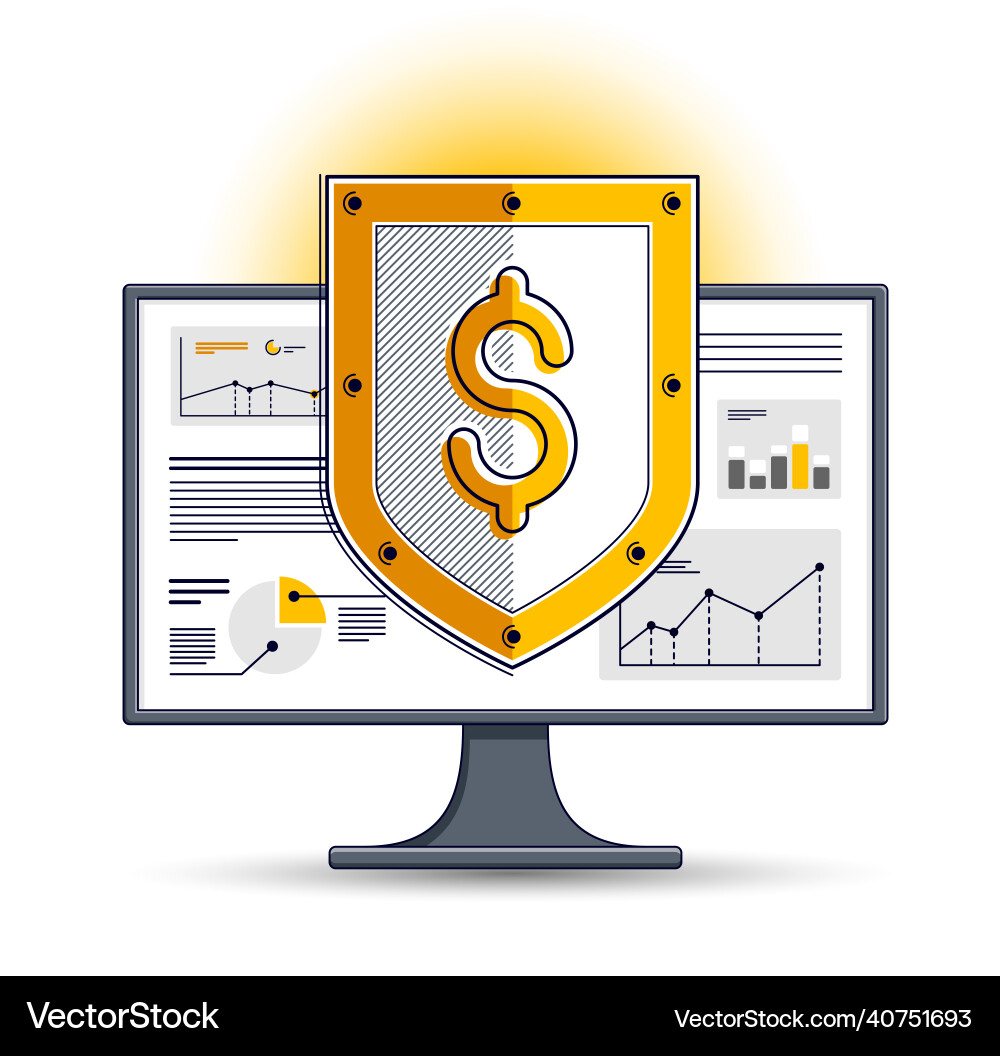 Shield over computer monitor internet financial Vector Image