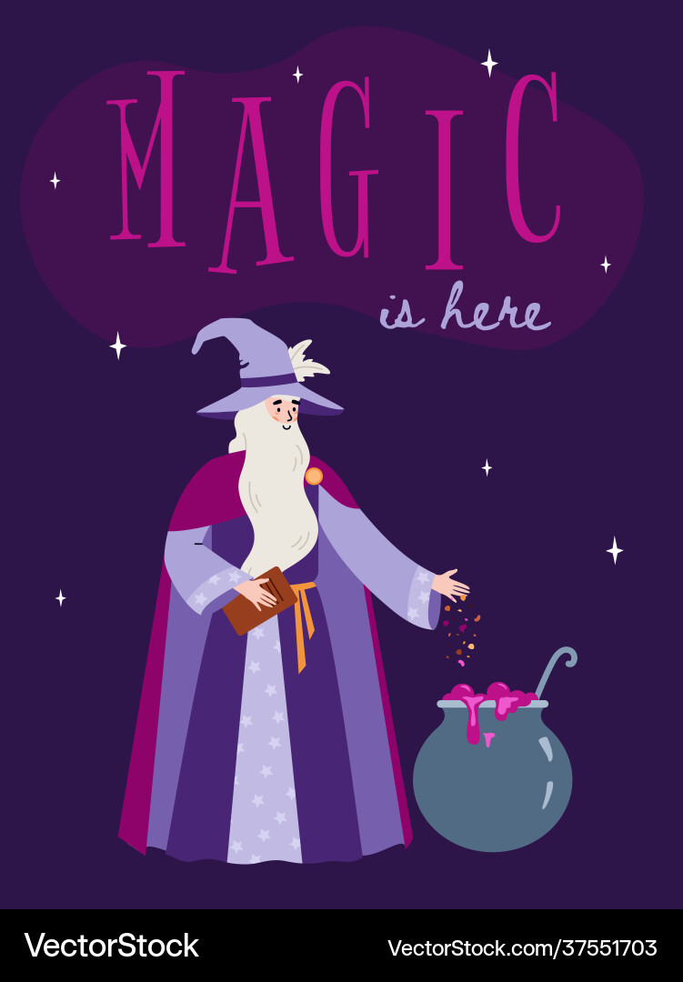 Card with fairy tale wizard brewing magic potion Vector Image
