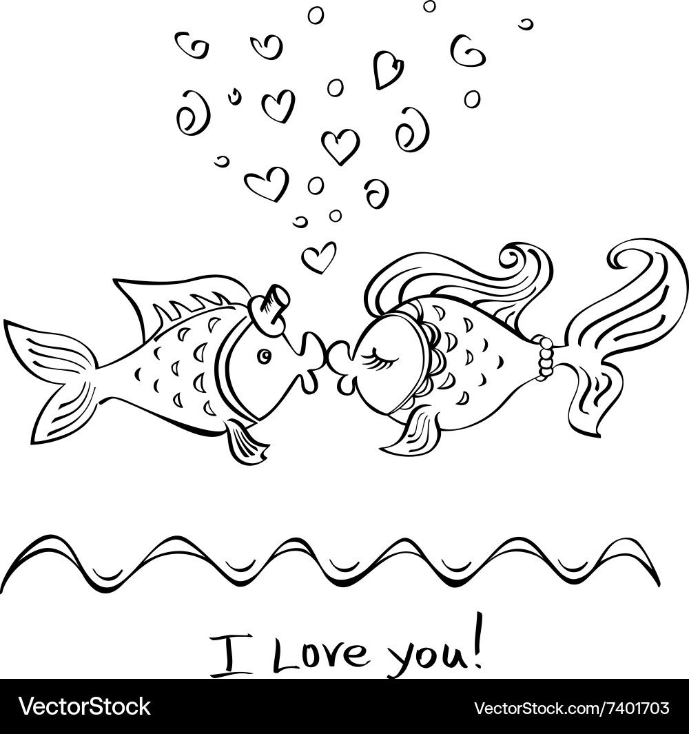 Kiss two fishes drawing Royalty Free Vector Image