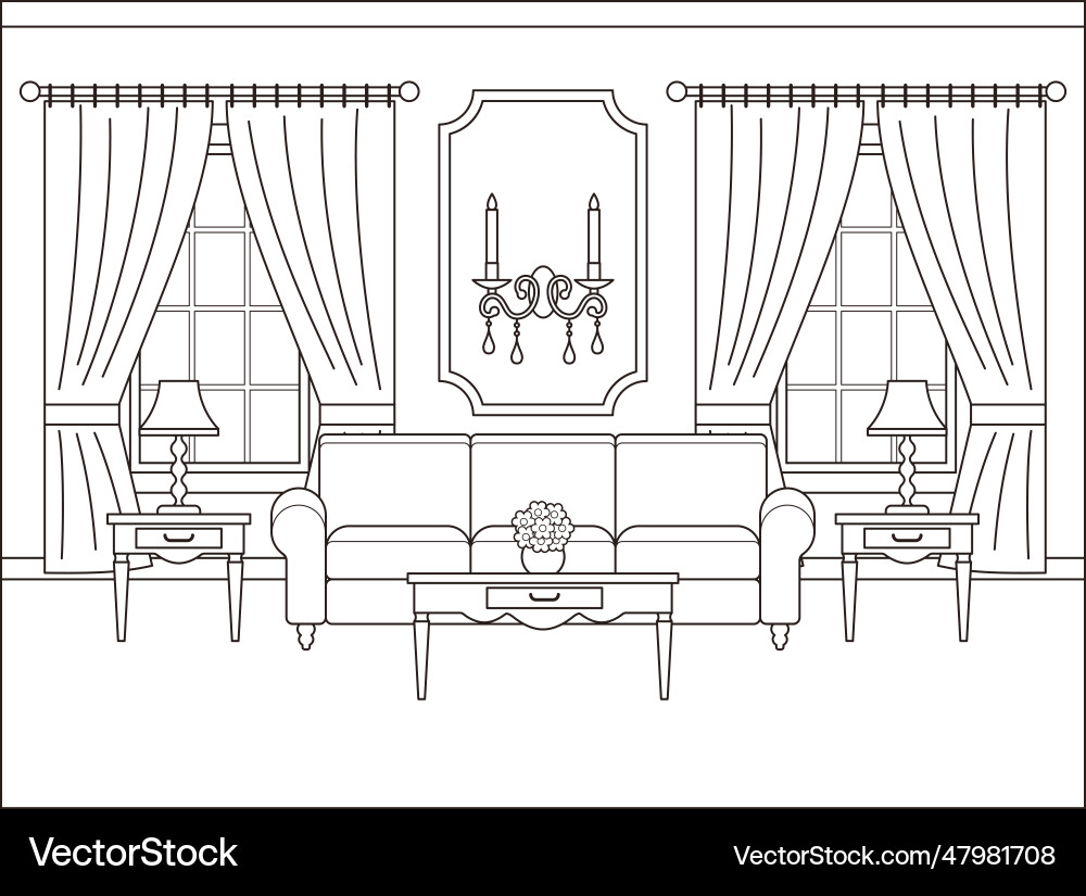 Living room interior in flat design outline Vector Image