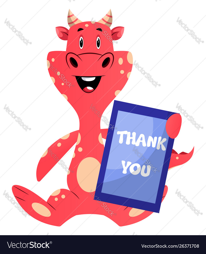 Red dragon is holding thank you sign on white Vector Image