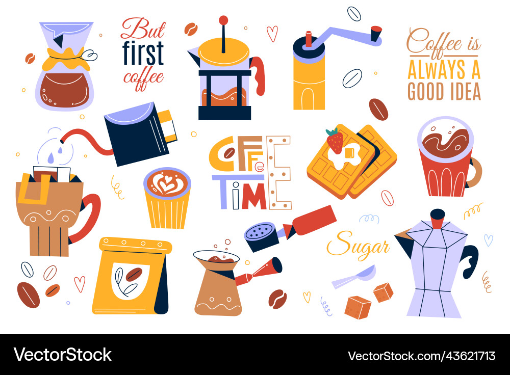 Cartoon coffee elements and text food Royalty Free Vector