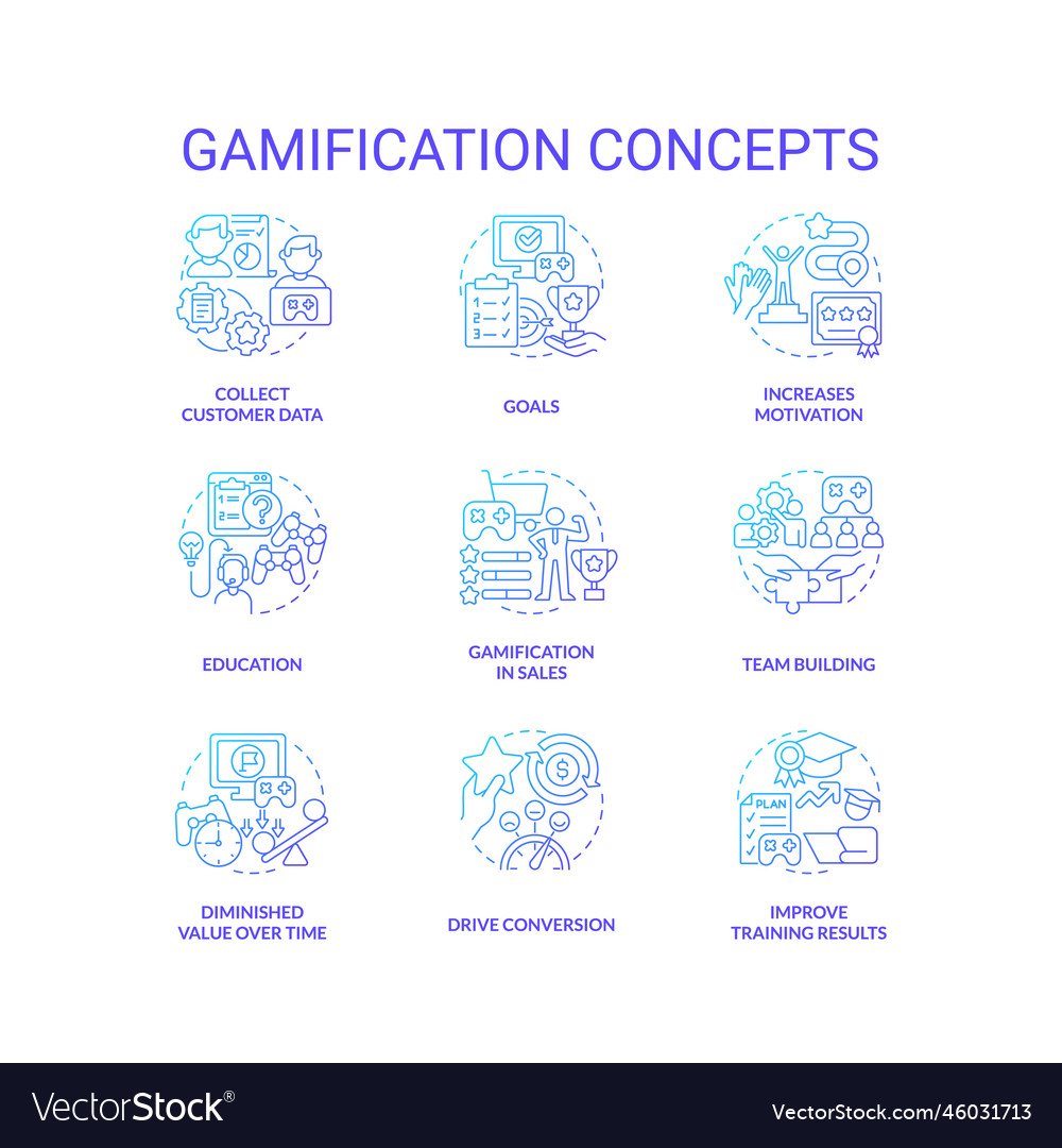 Gamification blue gradient concept icons set Vector Image
