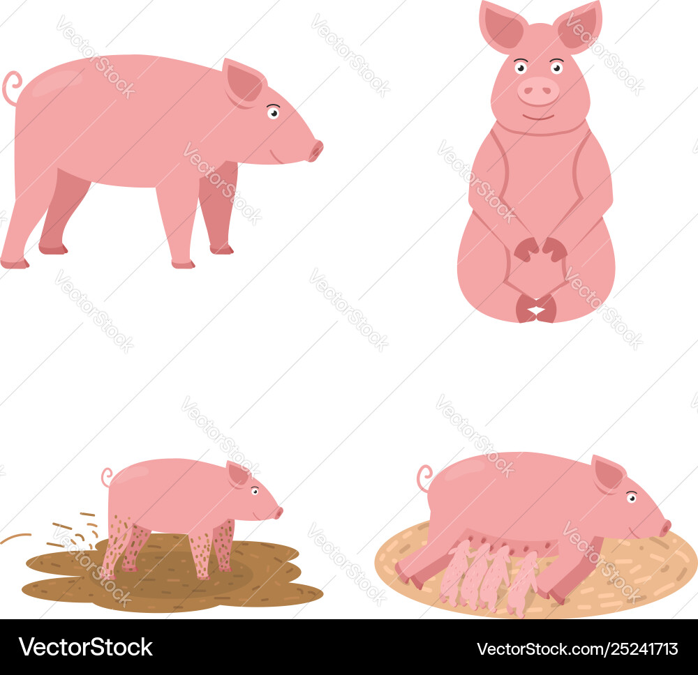 Pig icon set cute pink sits feeds its Royalty Free Vector