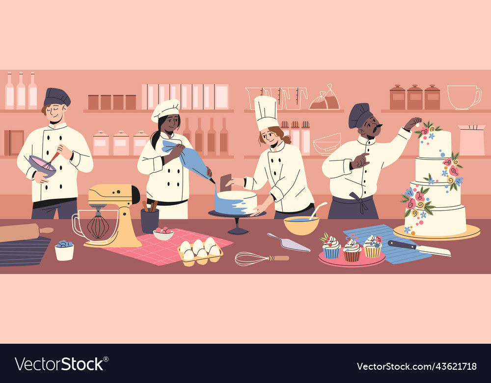 Confectioner characters cakes and pastries making Vector Image Confectioner characters cakes and pastries making Vector Image