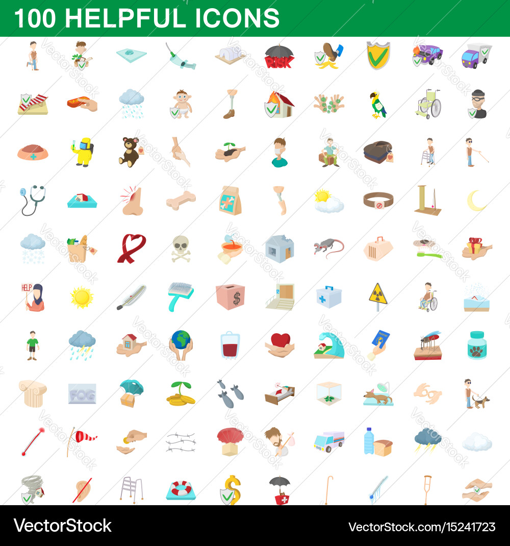 100 helpful icons set cartoon style Royalty Free Vector
