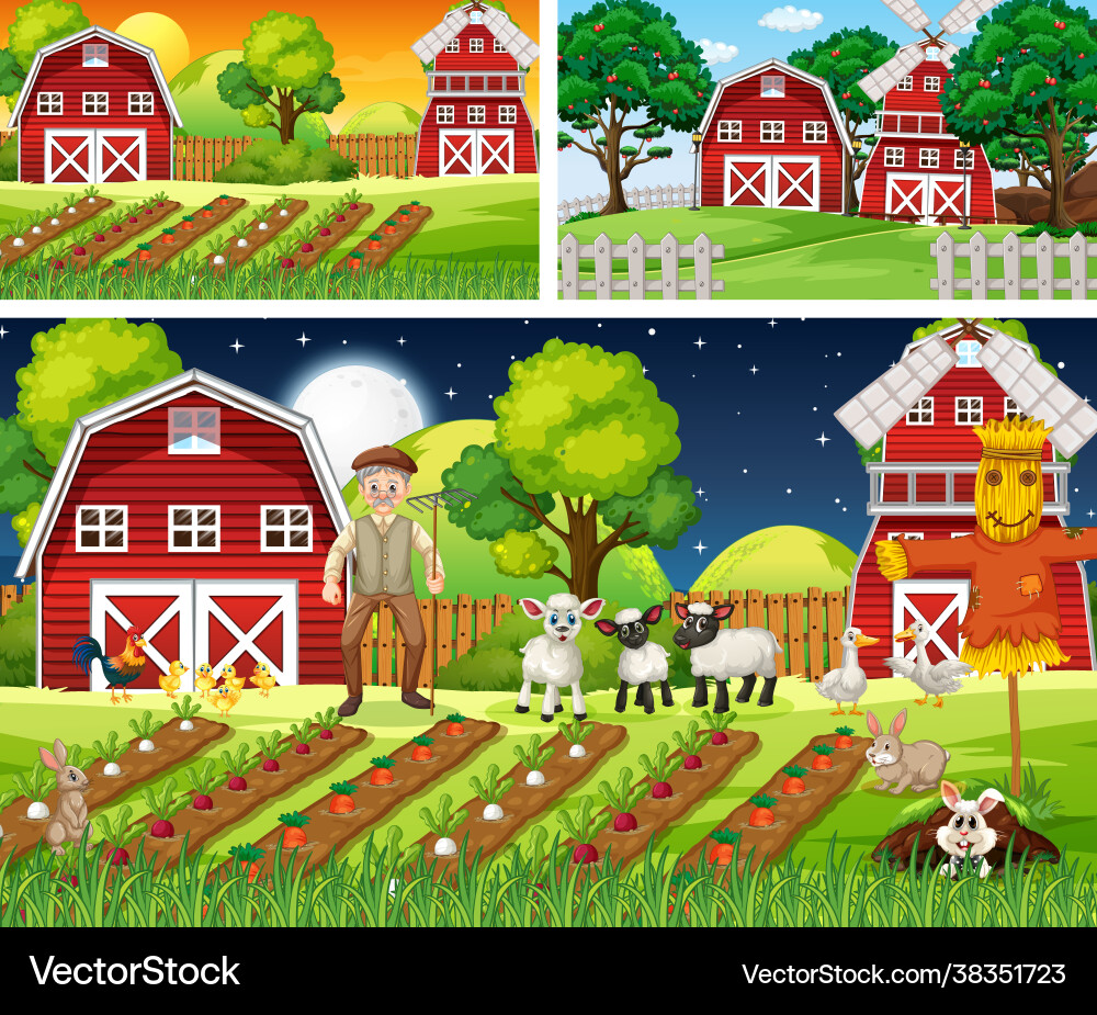 Different farm scenes with animals cartoon Vector Image