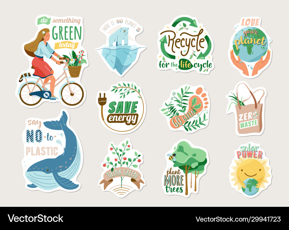 Ecology and recycle sticker set with save Vector Image