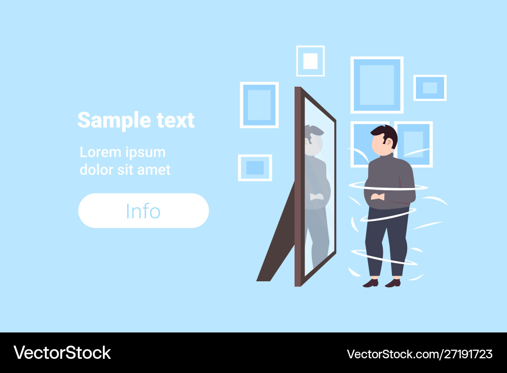 Fat overweight man looking at reflection in mirror