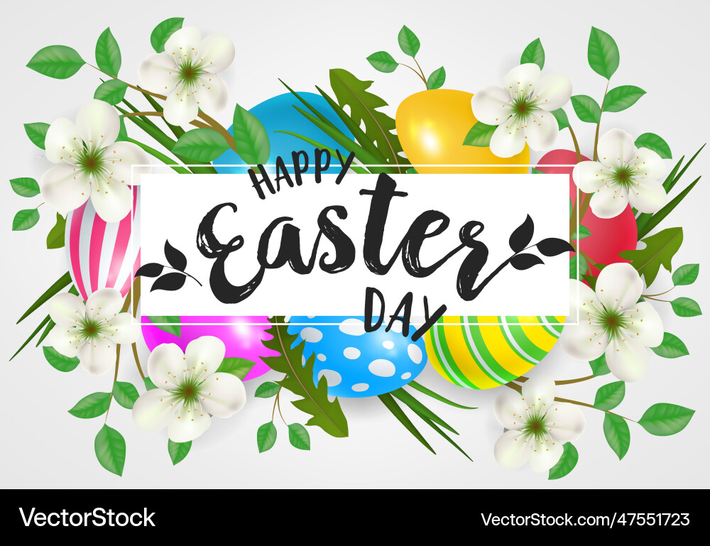 Happy easter day lettering with flowers Royalty Free Vector