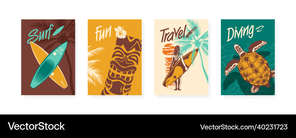 Surfing color hand drawn poster set Royalty Free Vector