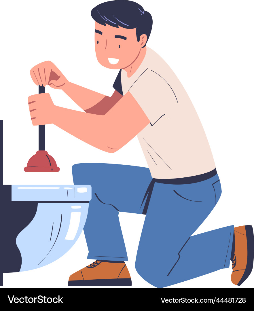 Man plumber cleaning pipe or drain with plunger Vector Image