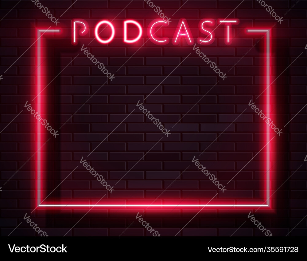 Retro neon red podcast frame on dark Royalty Free Vector