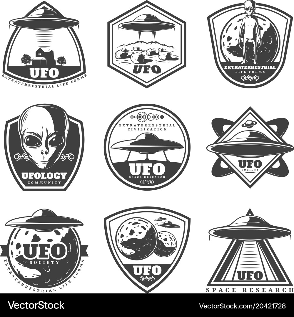 Vintage monochrome ufo labels set Royalty Free Vector Image