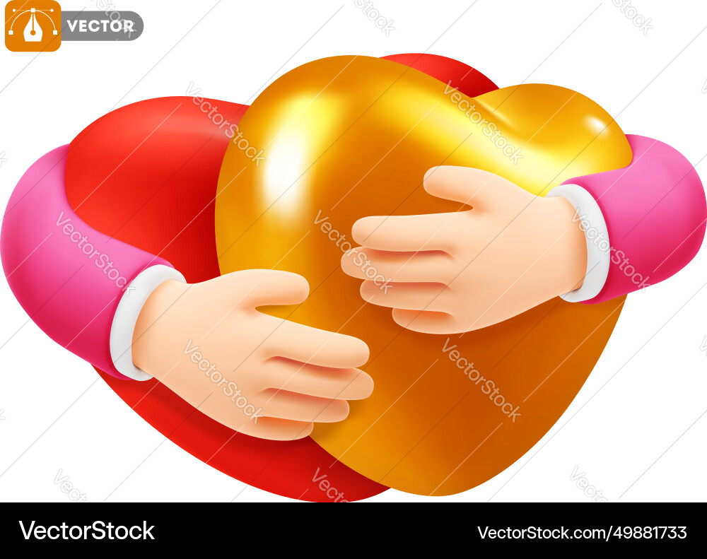 3d hands hug red and gold hearts Royalty Free Vector Image