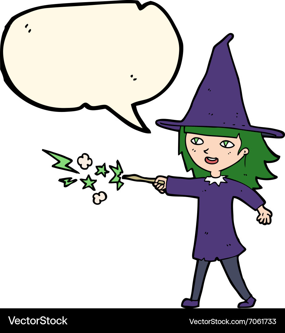 Cartoon witch girl casting spell with speech Vector Image