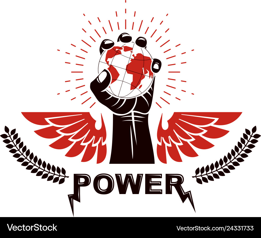 Raised arm holds earth globe logo propaganda Vector Image