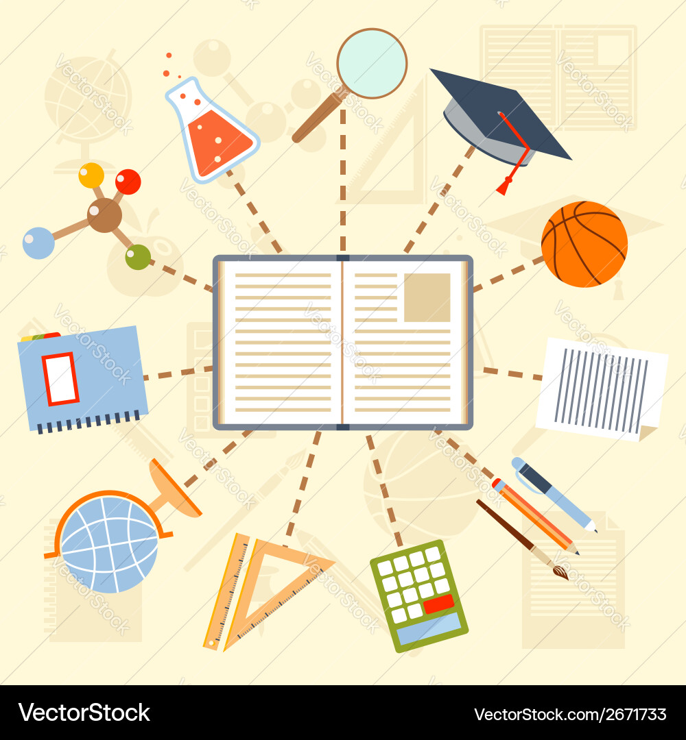School supplies and tools around the book Vector Image