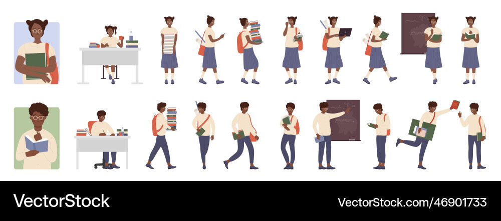 Teenager school students poses set Royalty Free Vector Image