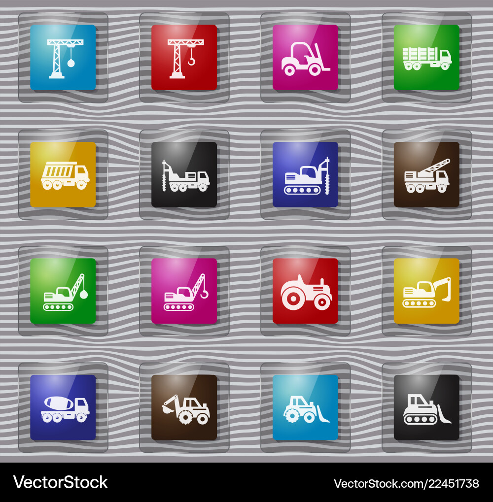 Construction transport glass icons set Royalty Free Vector