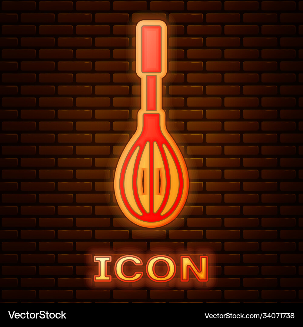 Glowing neon kitchen whisk icon isolated on brick Vector Image