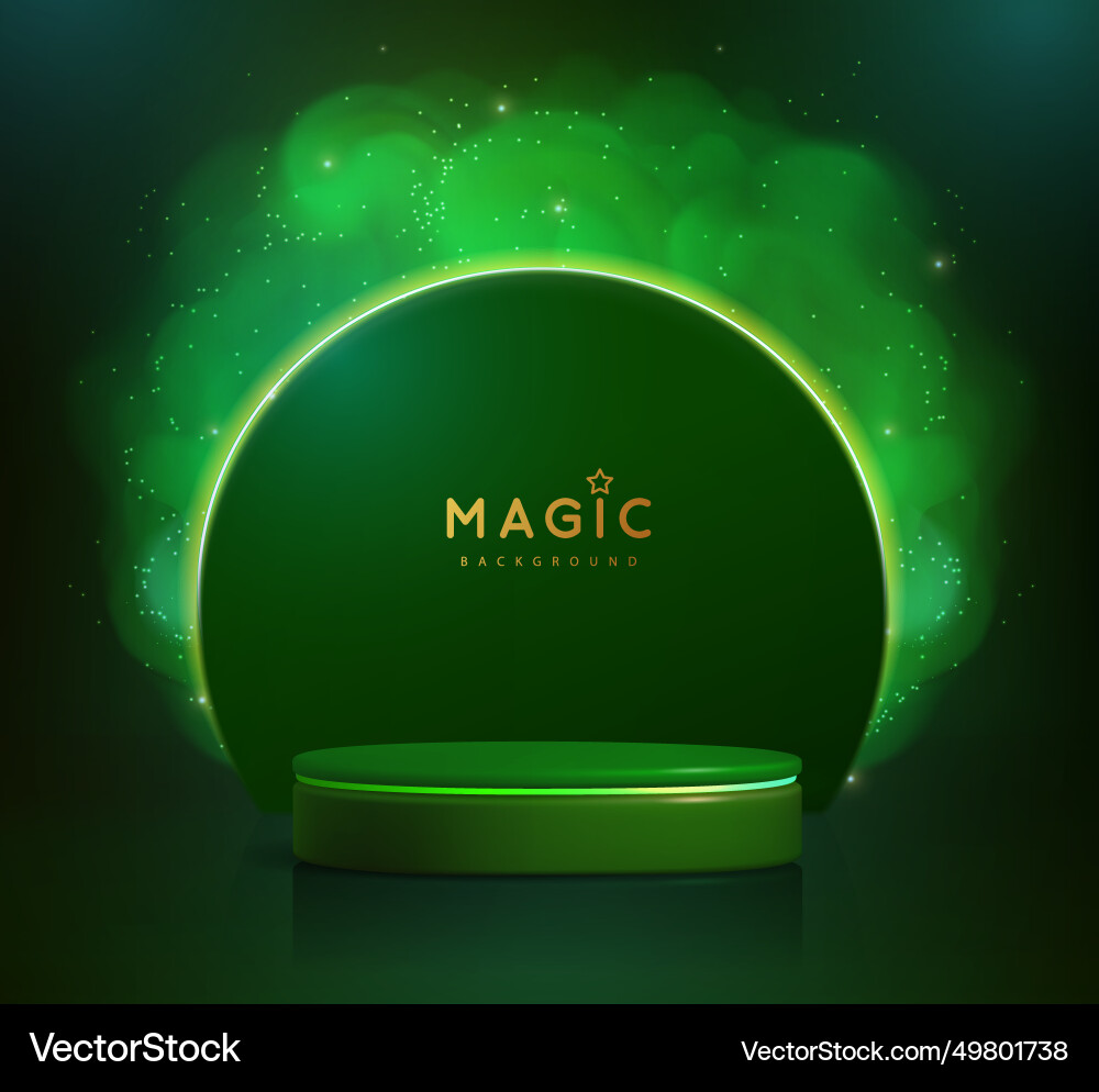 Magic green showcase with 3d podium and steam Vector Image