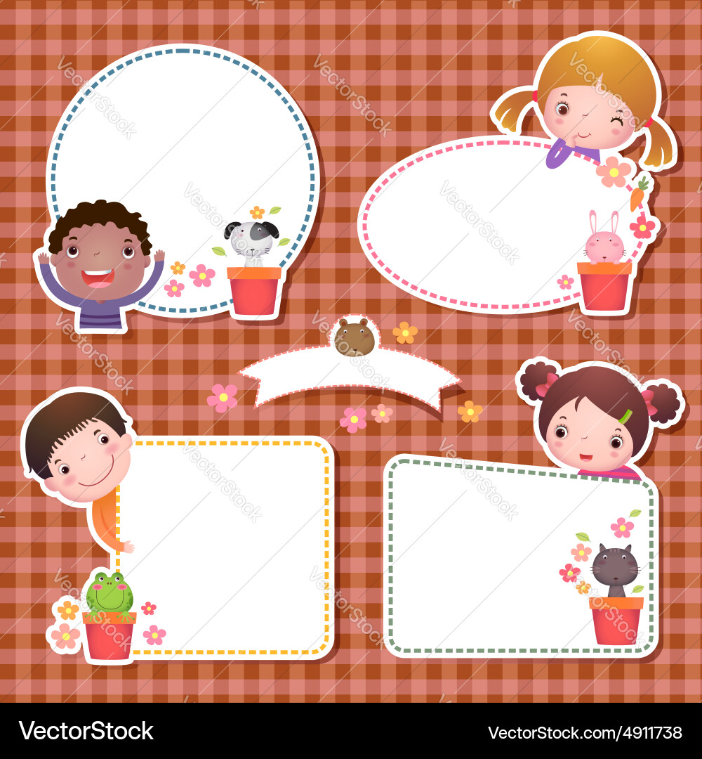 Set four frames with cute cartoon kids Royalty Free Vector