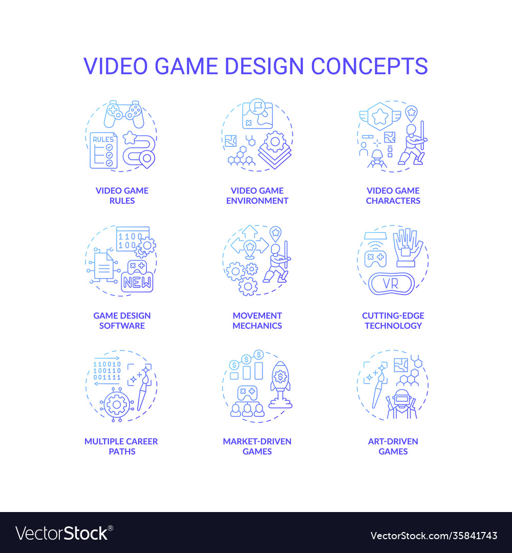 Video game design concept icons set Royalty Free Vector