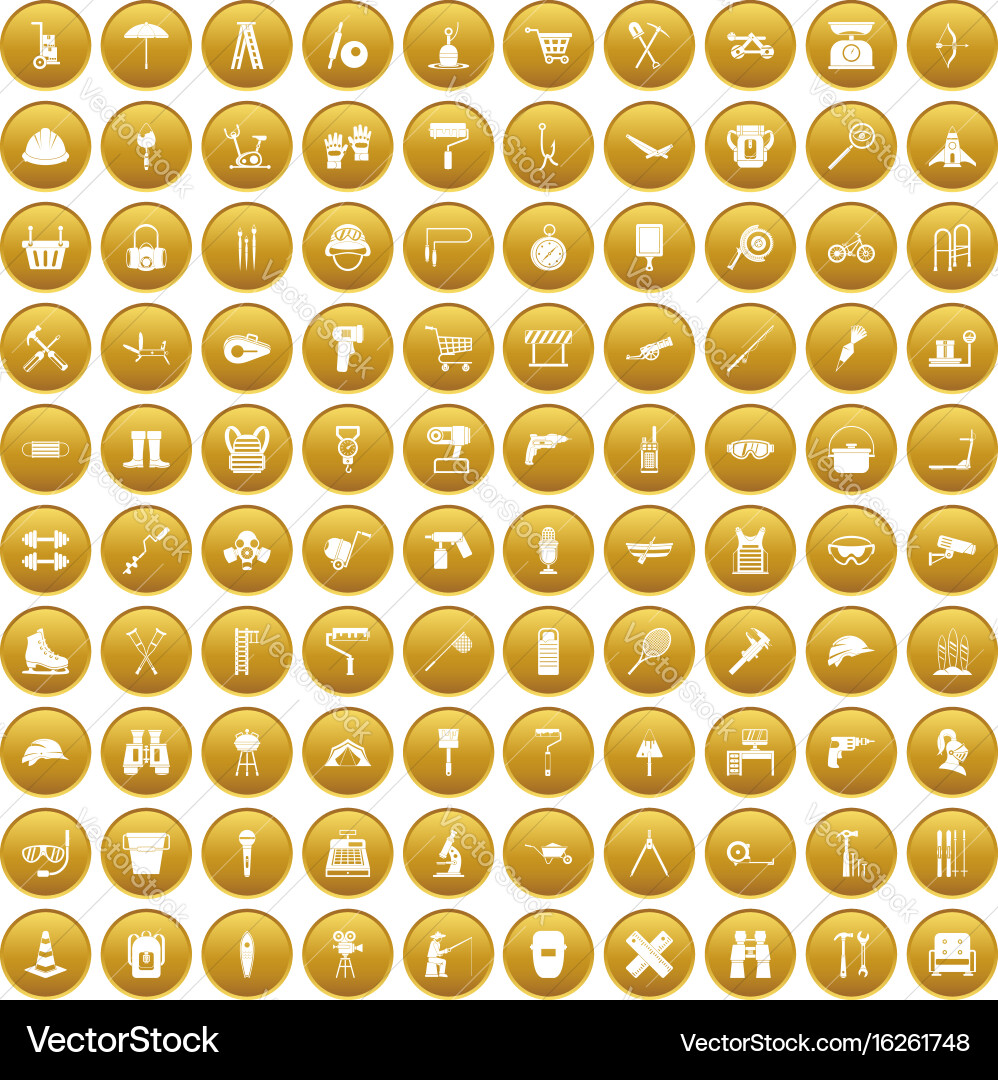100 tackle icons set gold Royalty Free Vector Image